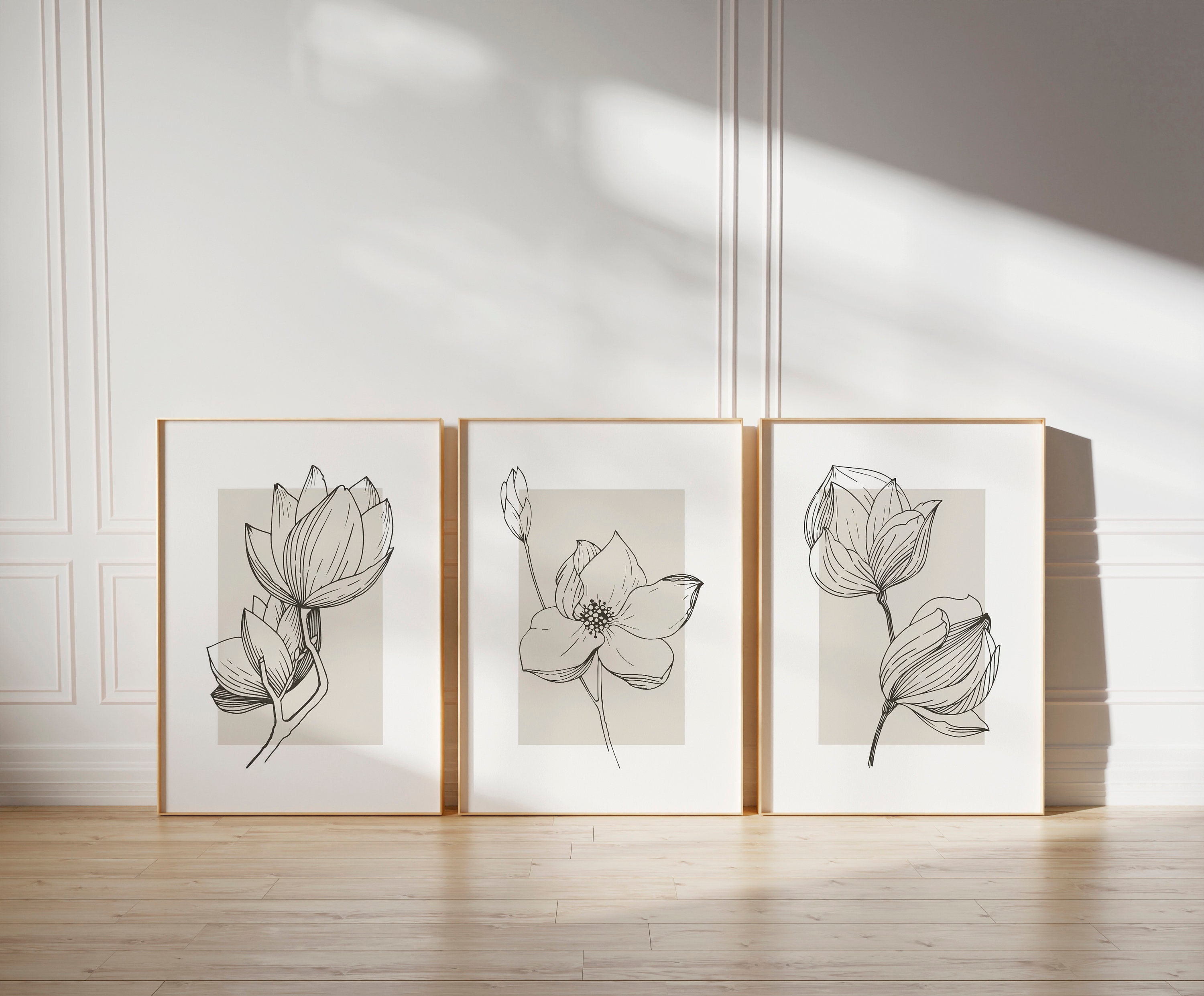 Neutral Flower Wall Art of 3 Prints, Botanical Art, Neutral Botanical ...