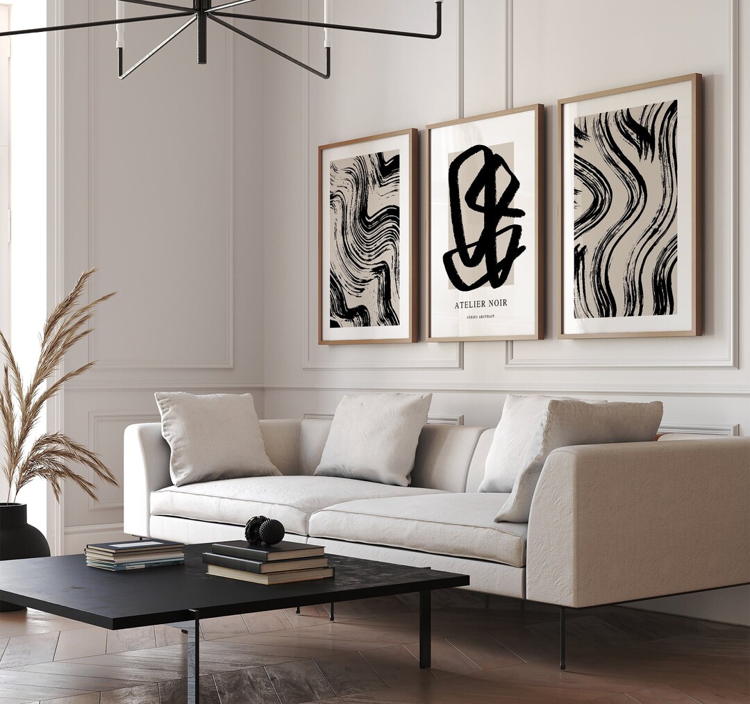 Set of 3 Art Prints Abstract Painting, Black Lines, Black Abstract Art ...