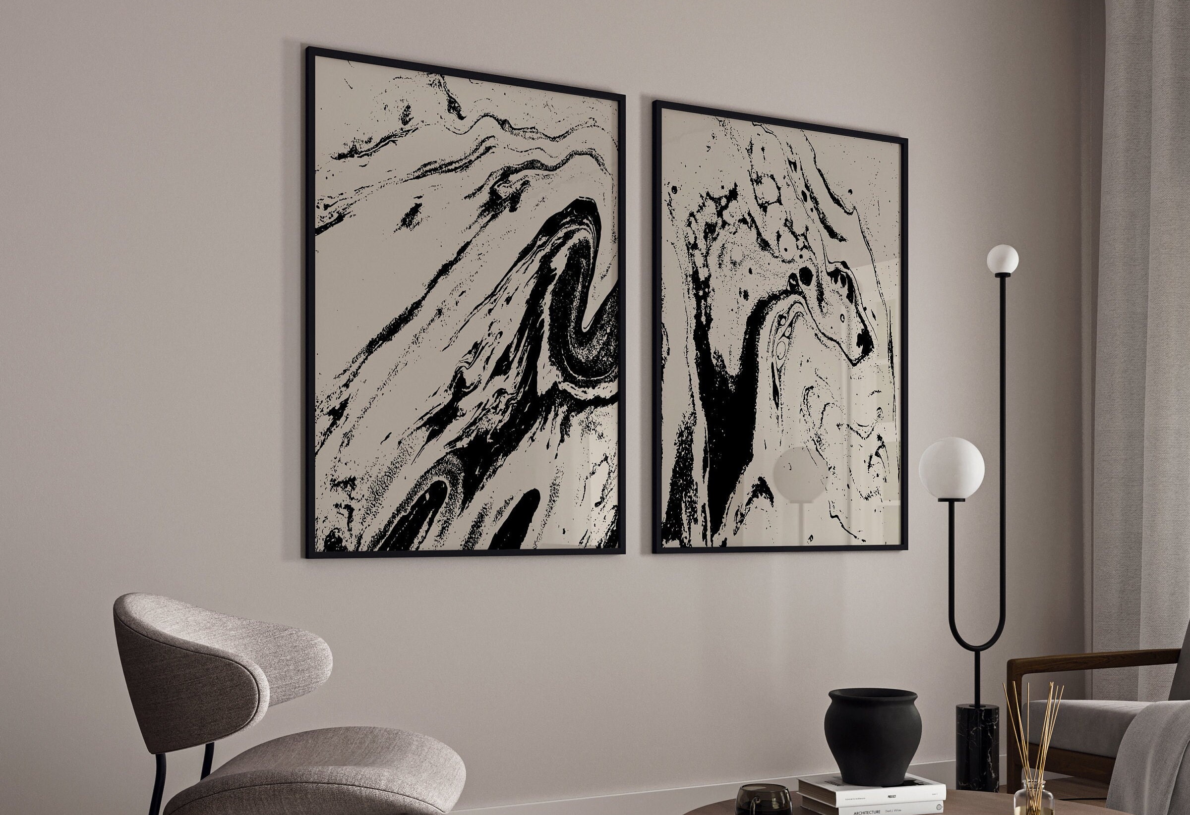 Black Abstract Art Prints Set of 2 Abstract Wall Set Modern - Etsy