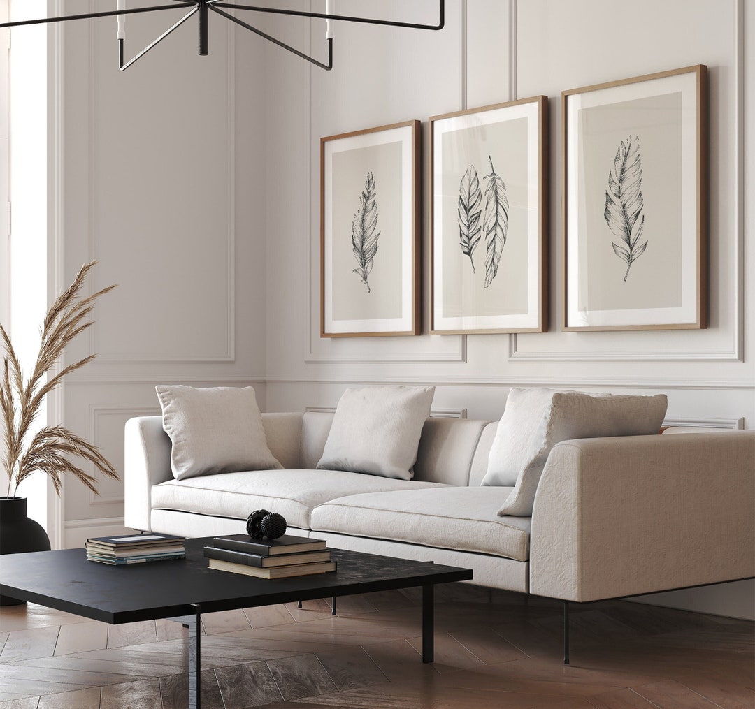 Neutral Feather Wall Art Set of 3 Prints, Feather Print Set, Minimal ...