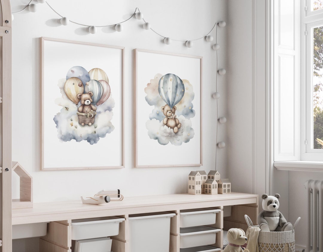 Set of 2 Teddy Bear Prints - Framed Wall Art - Bear With Balloons on ...