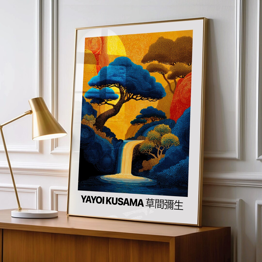 Blue and Gold Japanese Waterfall Print, Modern Japandi Wall Art ...