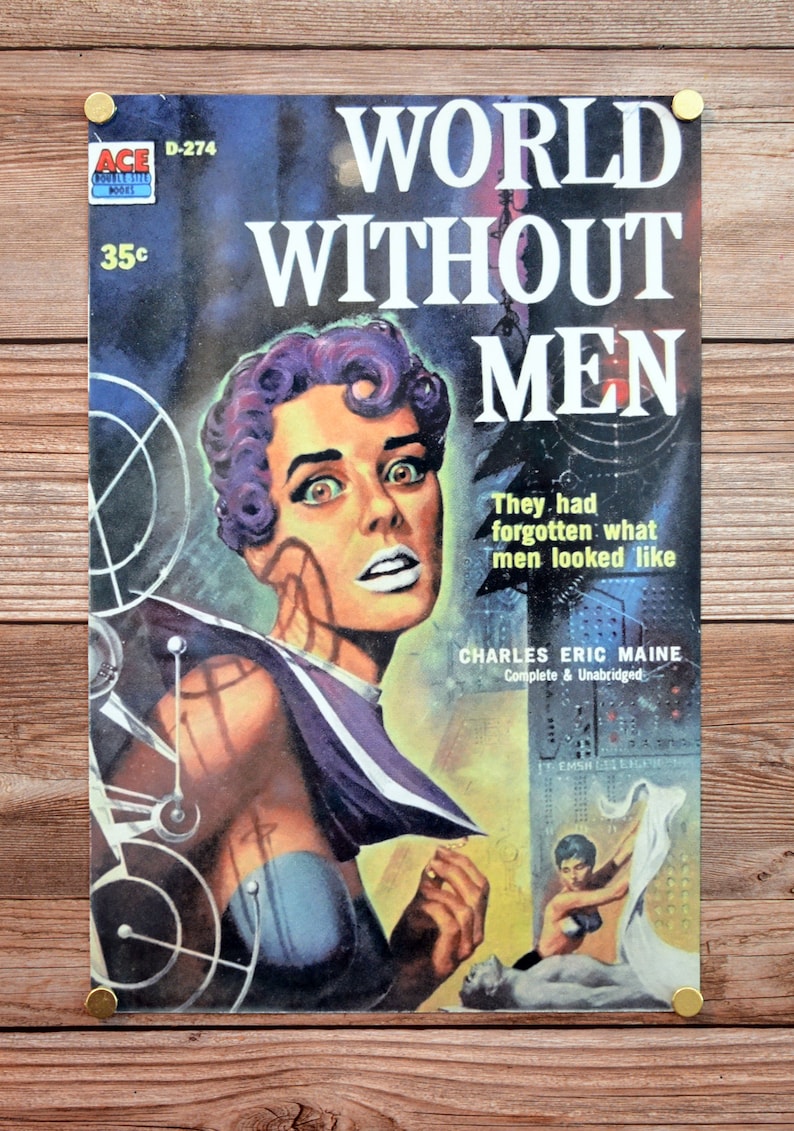 World Without Men Metal Wall Plaque Sign Handmade Vintage Pulp Art ...