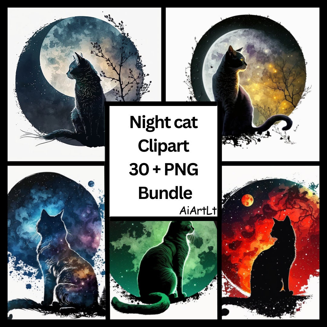 Moon Night Cat Clipart Bundle 30 + PNG Bundle, Cat Clipart, Sky Cat ...