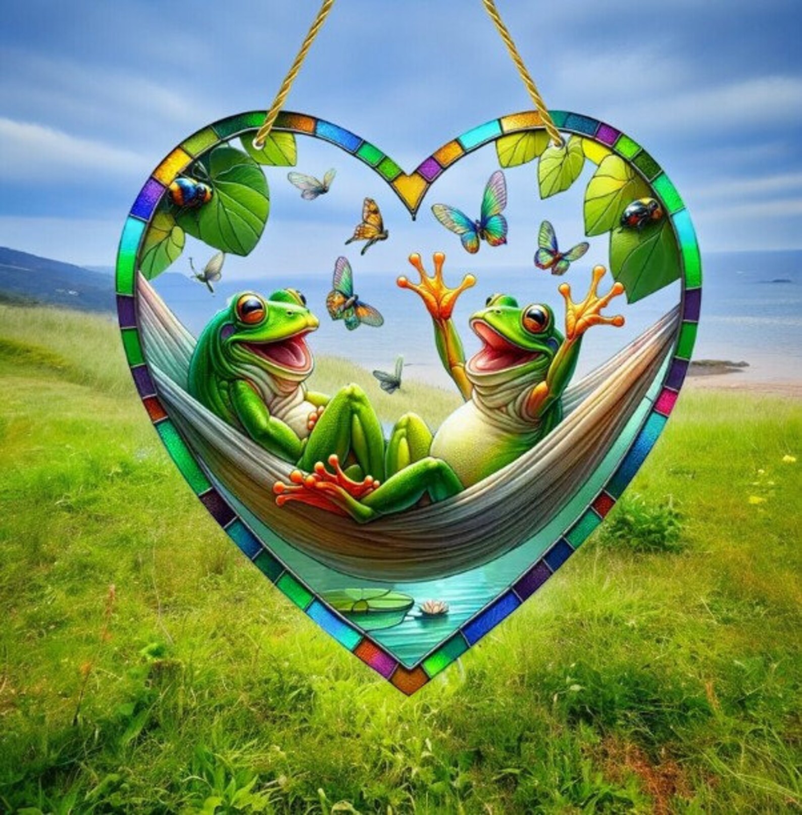 Frog Butterfly Suncatcher Stained Glass, Heart-shaped Window Hanging ...