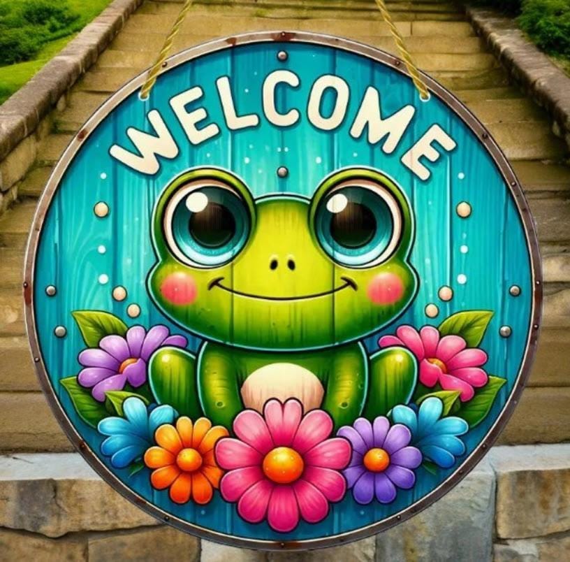 Inspirational Frog Theme Welcome Sign, Aluminum Round Sign, 5.9 Inches ...
