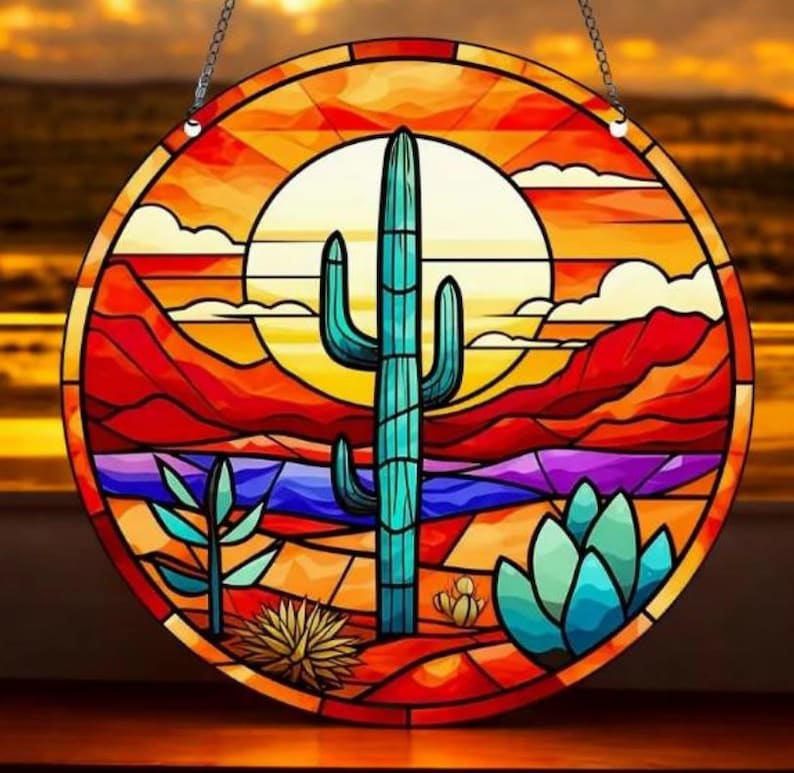 Cactus Stained Acrylic Suncatcher 5.9 in Radius, Desert Wall Decor ...