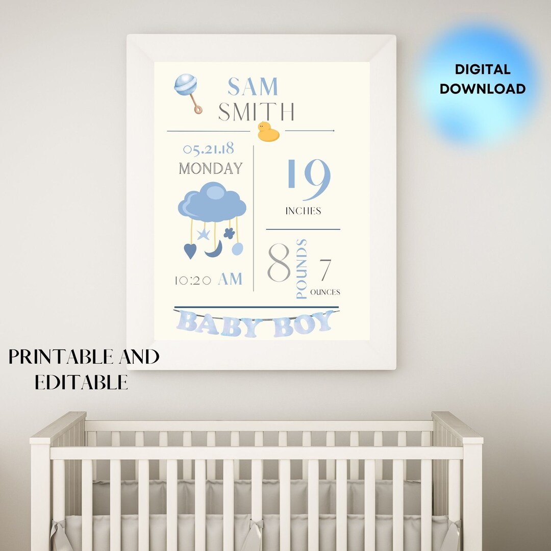 Baby Birth Stats Baby Announcement Newborn Gift Printable Nursery Decor ...