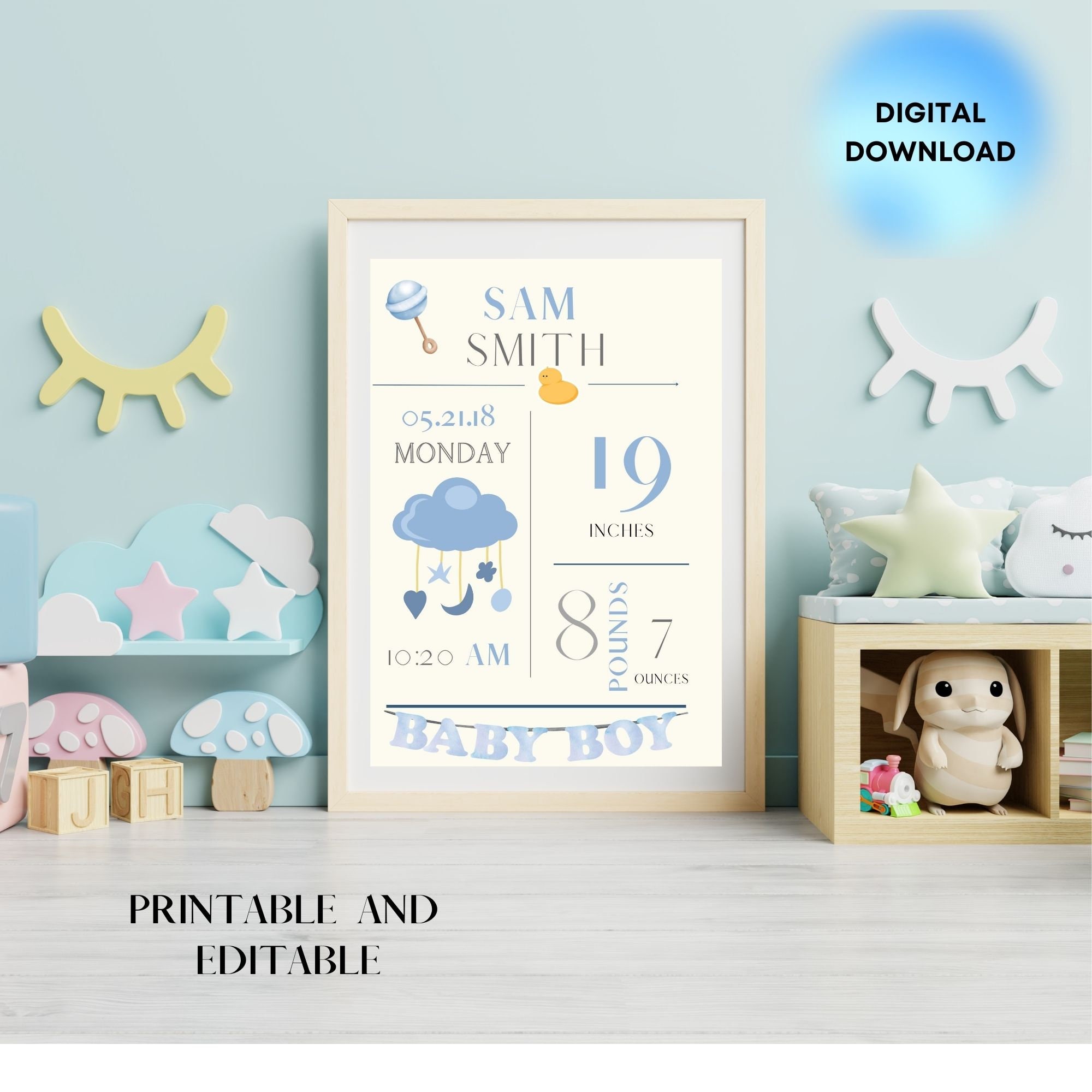 Baby Birth Stats Baby Announcement Newborn Gift Printable Nursery Decor ...