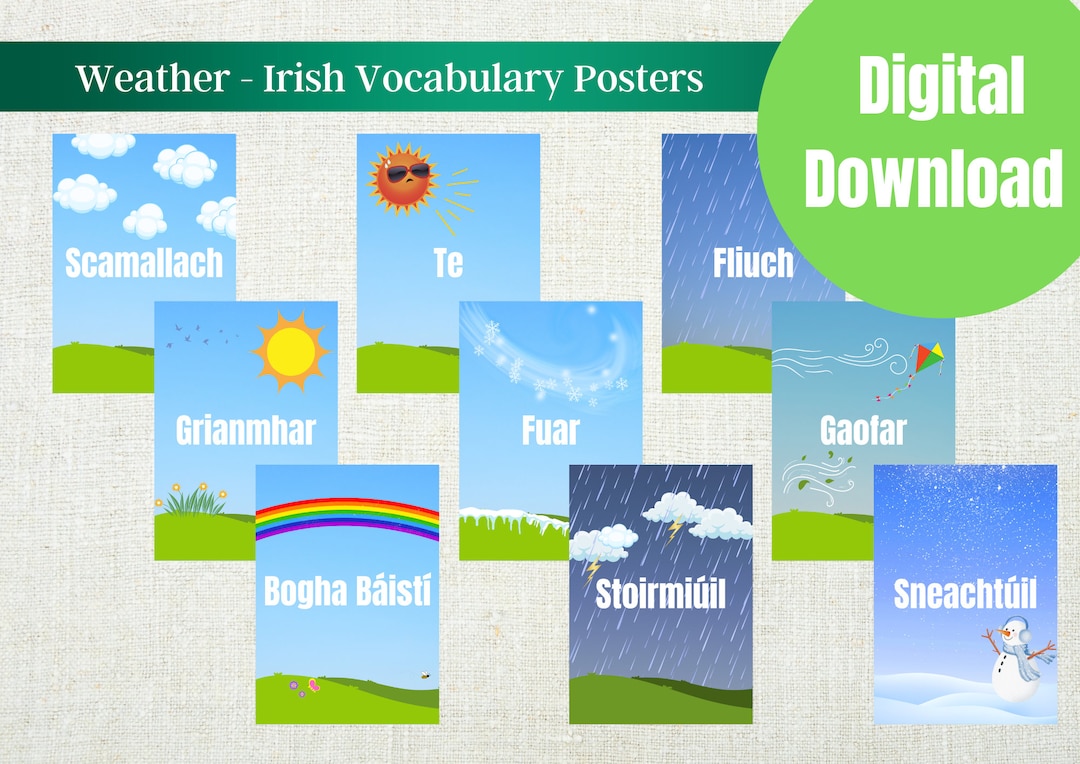 Weather Irish Vocabulary Classroom Posters- Aesthetic Posters for ...