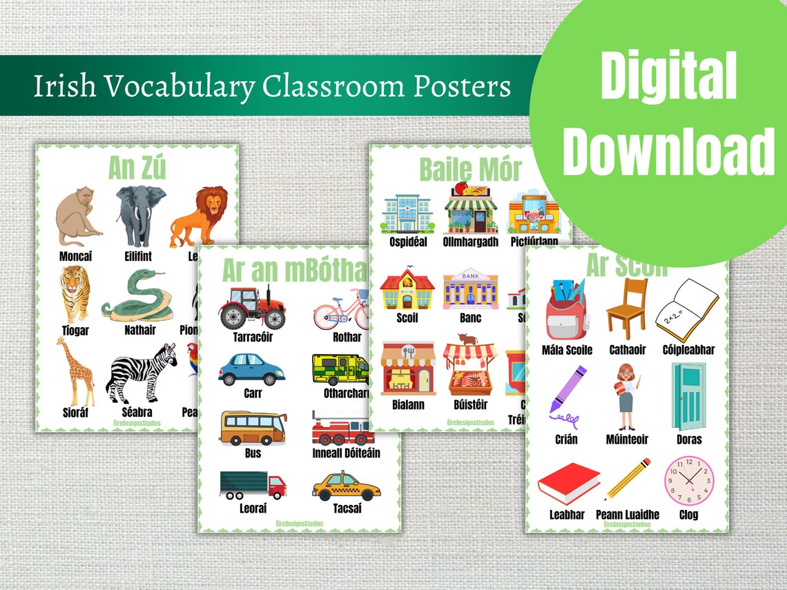 Irish Vocabulary Classroom Posters- Aesthetic Posters for Basic Words ...
