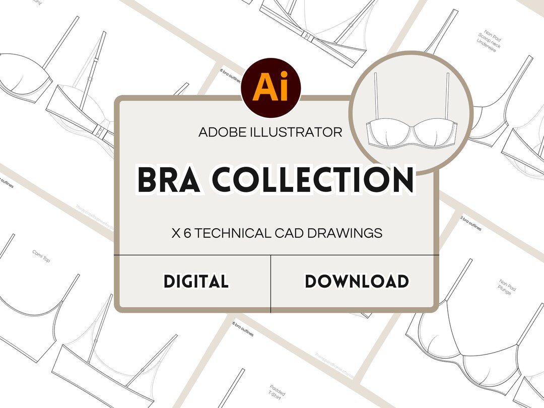 6 Lingerie Bra Fashion Flats Collection of 6 Lingerie Bra Technical CAD ...