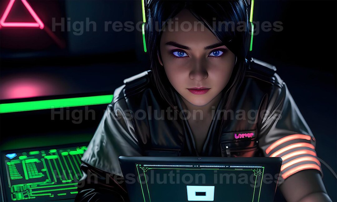 Blue-eyed Hacker Girl Wall Mural – Futuristic AI Art of a Woman With ...