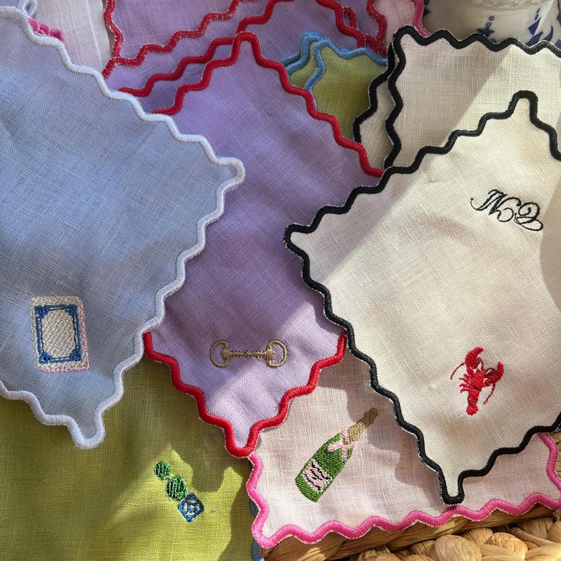 Custom Embroidered Name and Icon Linen Cocktail Napkins - Etsy