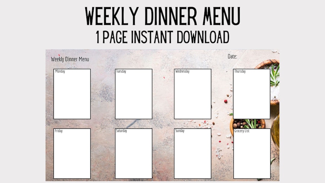 Printable Weekly Dinner Menu Template, Weekly Meal Planning Template ...