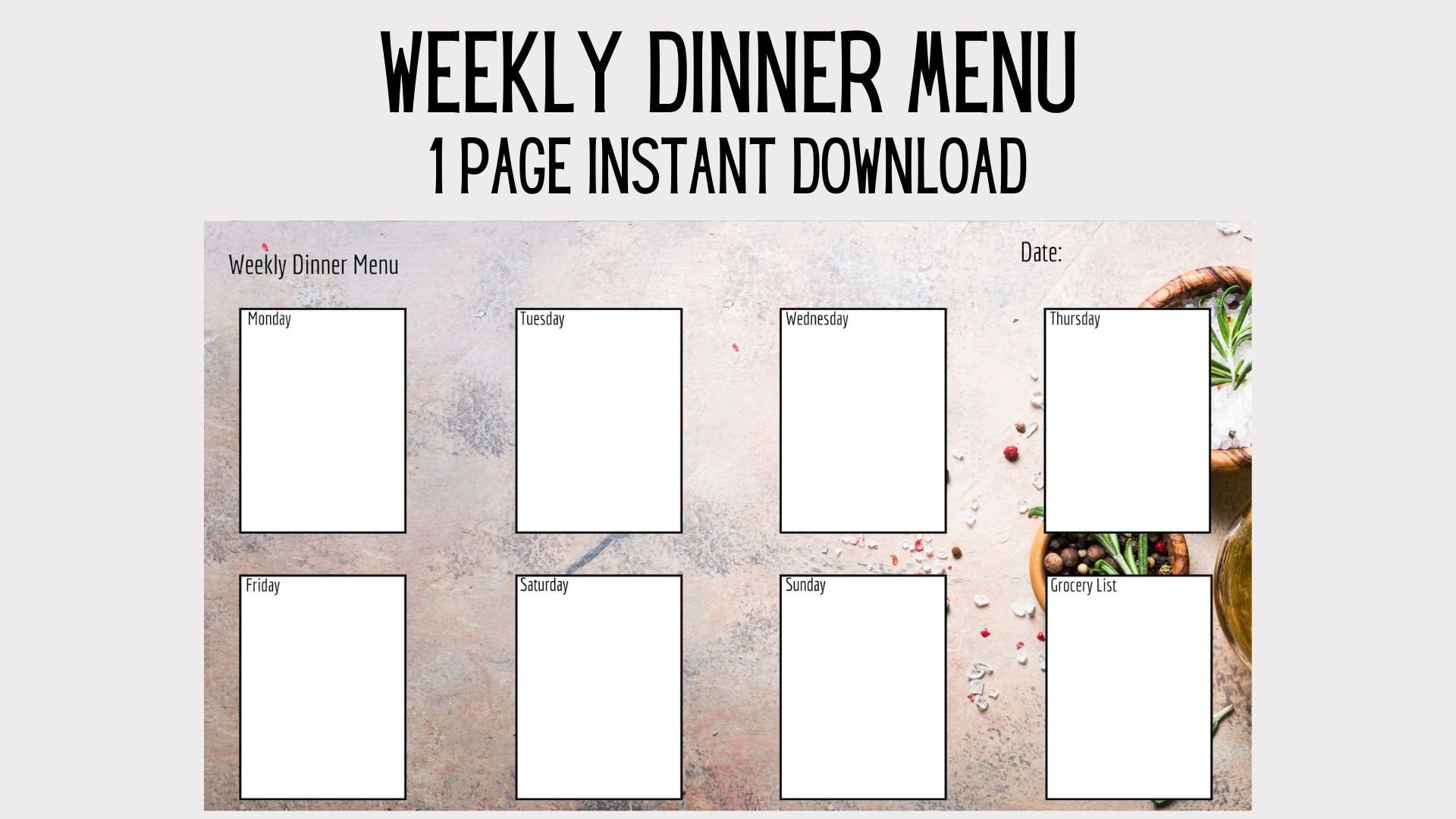 Printable Weekly Dinner Menu Template, Weekly Meal Planning Template ...