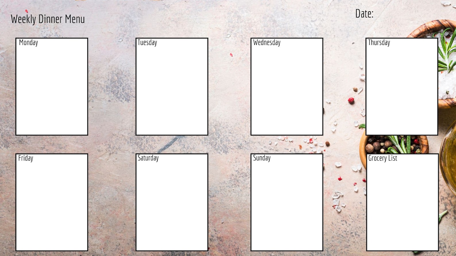 Printable Weekly Dinner Menu Template, Weekly Meal Planning Template ...