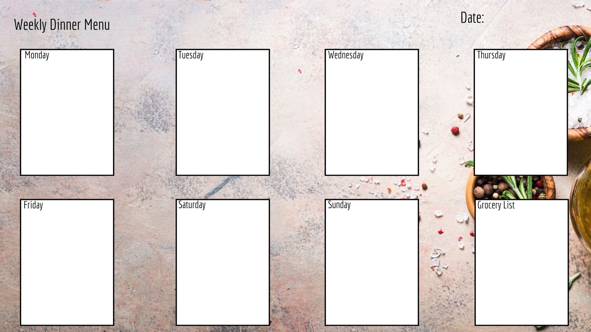 Printable Weekly Dinner Menu Template, Weekly Meal Planning Template ...