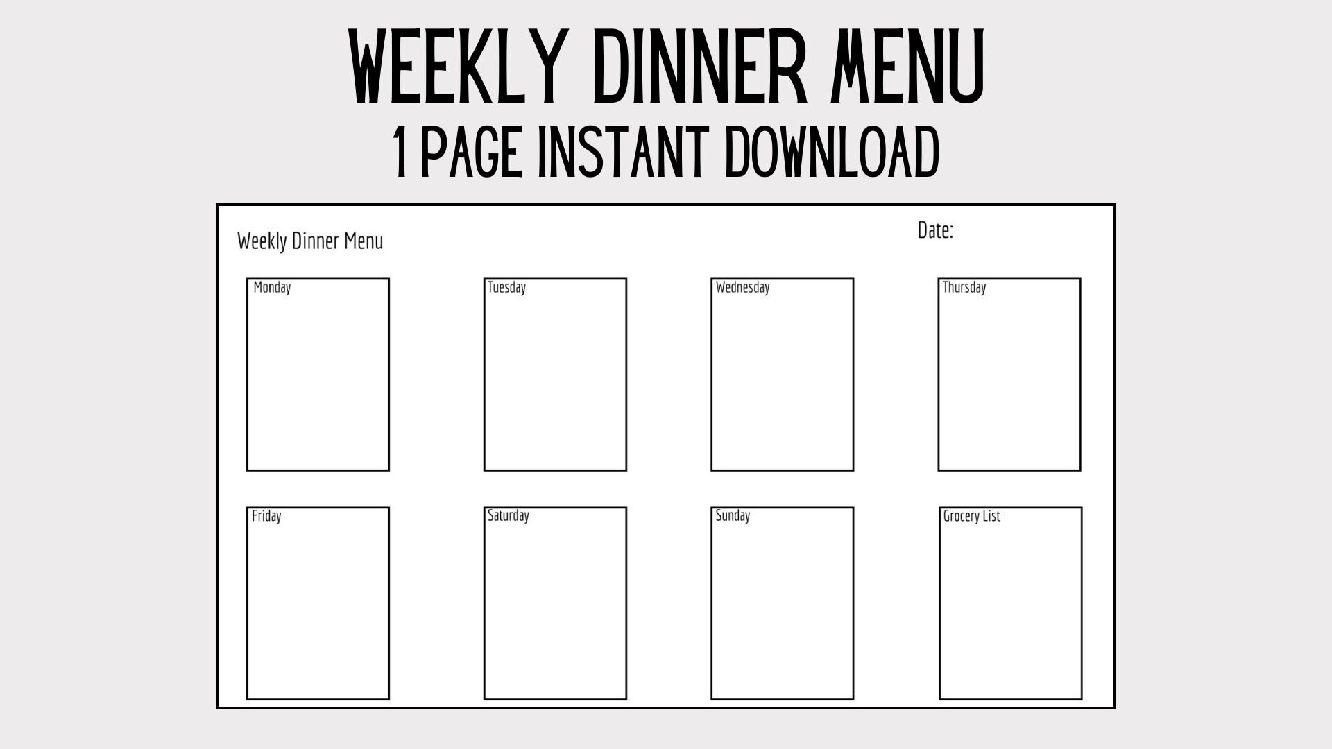 Printable Weekly Dinner Menu Template, Weekly Meal Planning Template ...