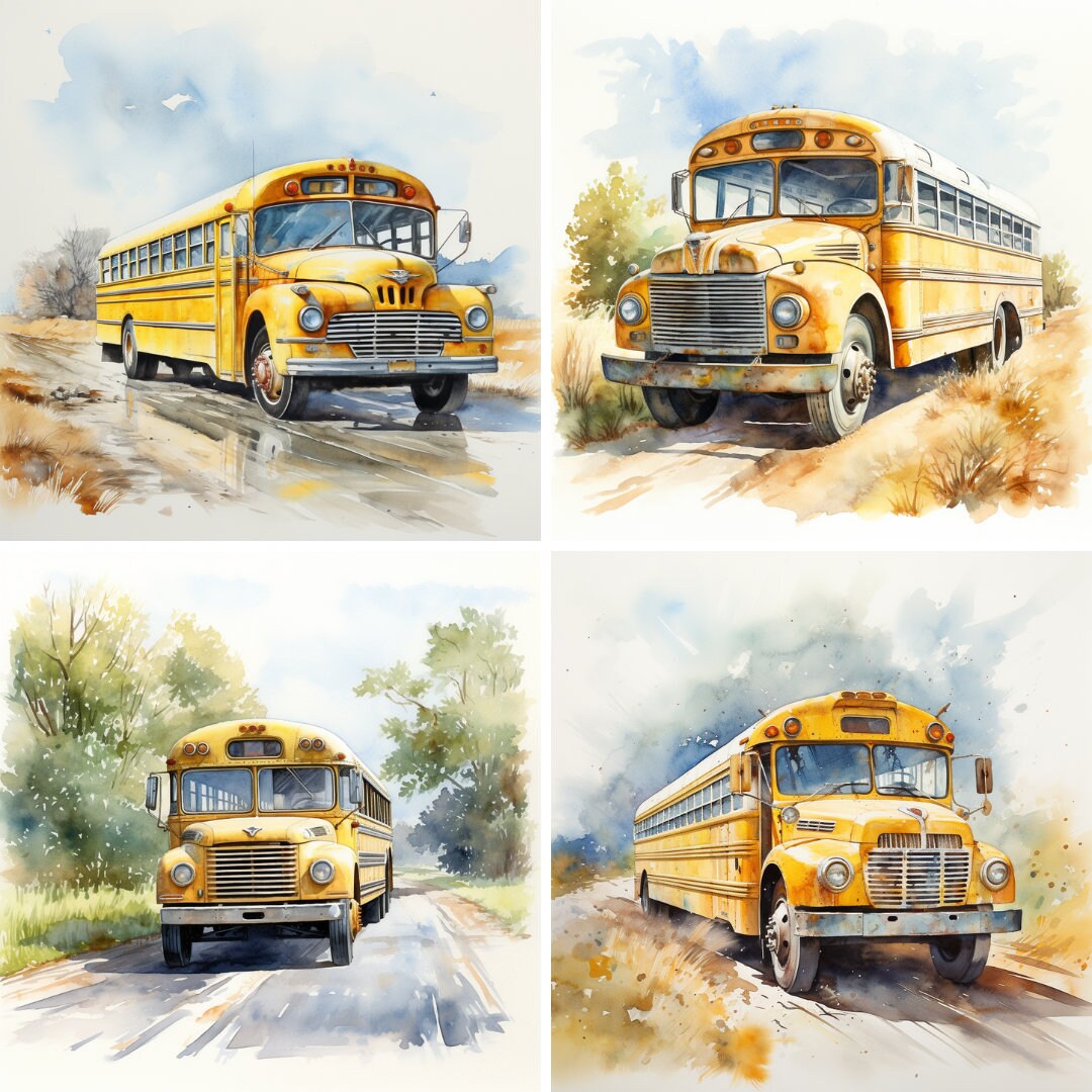 20 School Bus Watercolor Clipart PNG Images, Vintage School Bus, Retro ...
