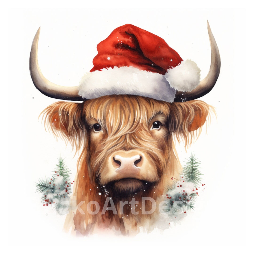20 Highland Cow Watercolor Christmas Clipart PNG Images, Highland Cow ...