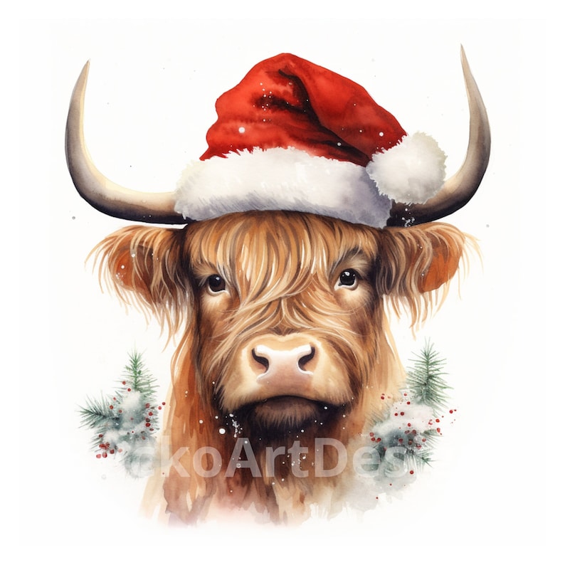 20 Highland Cow Watercolor Christmas Clipart PNG Images, Highland Cow ...