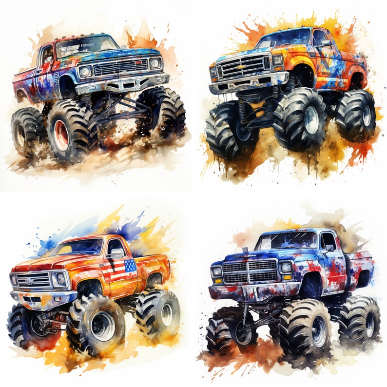 20 Monster Trucks Watercolor Clipart PNG Images, Monster Truck Shows ...