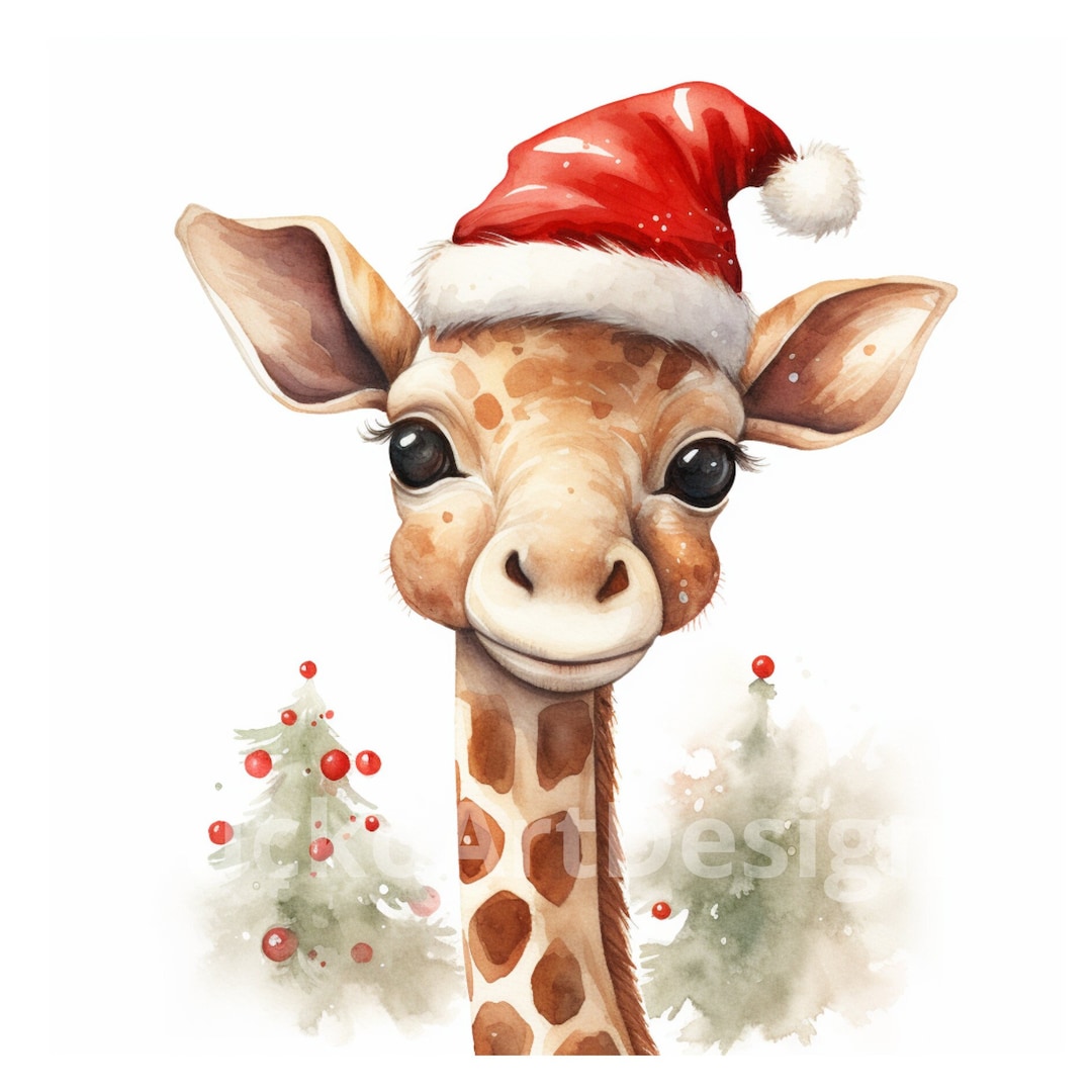 20 Giraffe Watercolor Christmas Clipart PNG Images, Giraffe in Santa ...