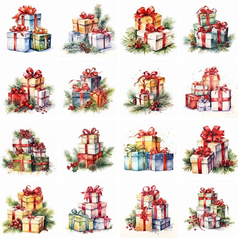 50 Watercolor Christmas Gifts Clipart PNG Images, Xmas, Gift Boxes Clip ...