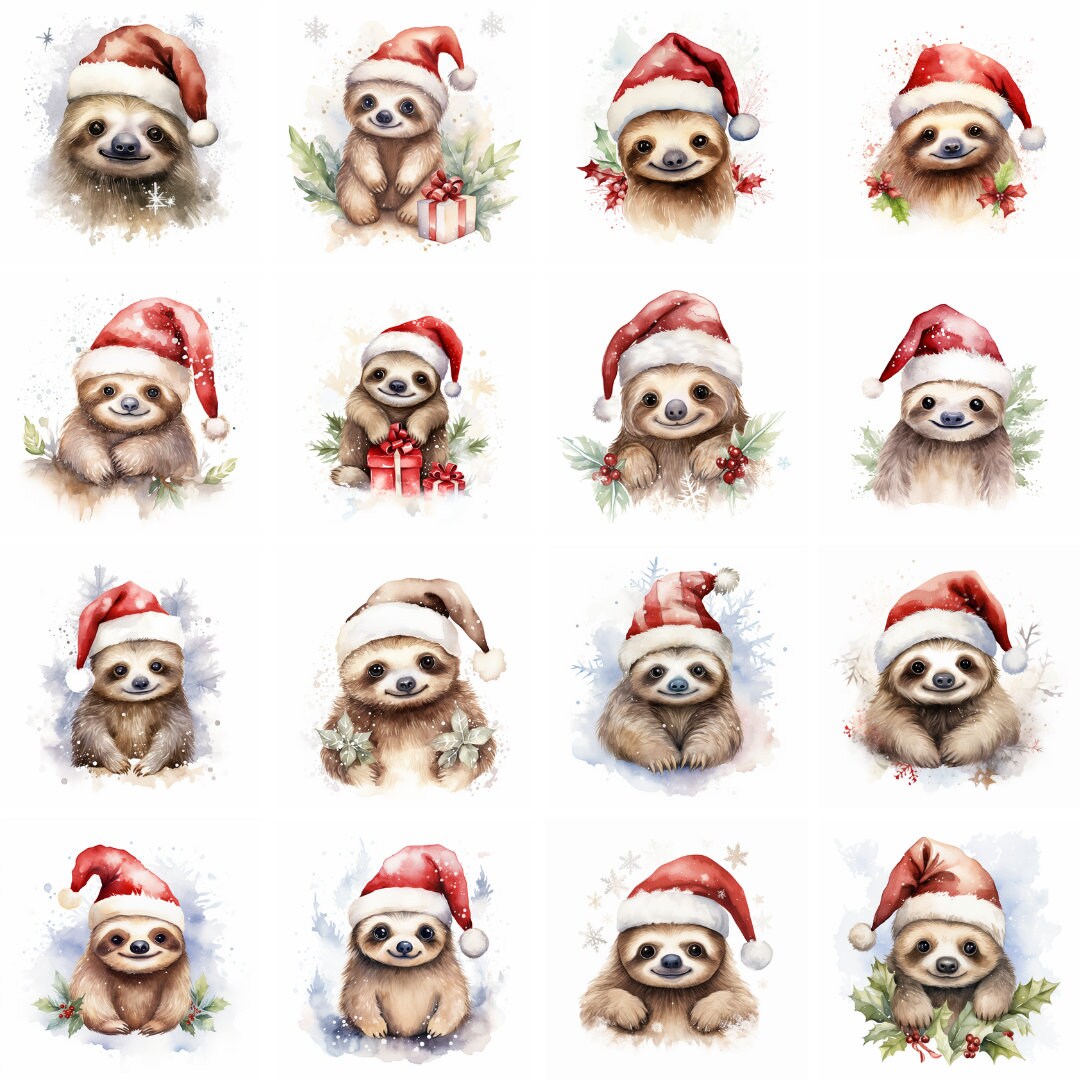20 Sloths Watercolor Christmas Clipart PNG Images, Cute Sloth, Xmas ...