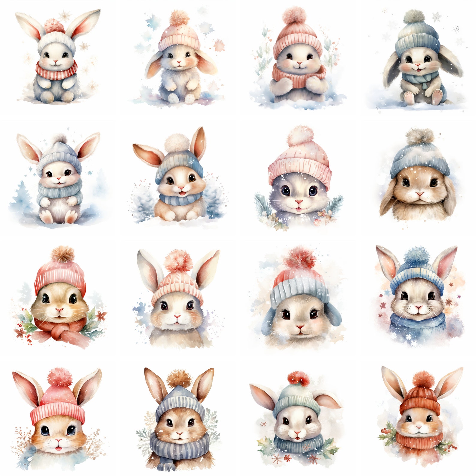 20 Rabbit Watercolor Christmas PNG Clipart Bundle, Cute Bunny, Winter ...