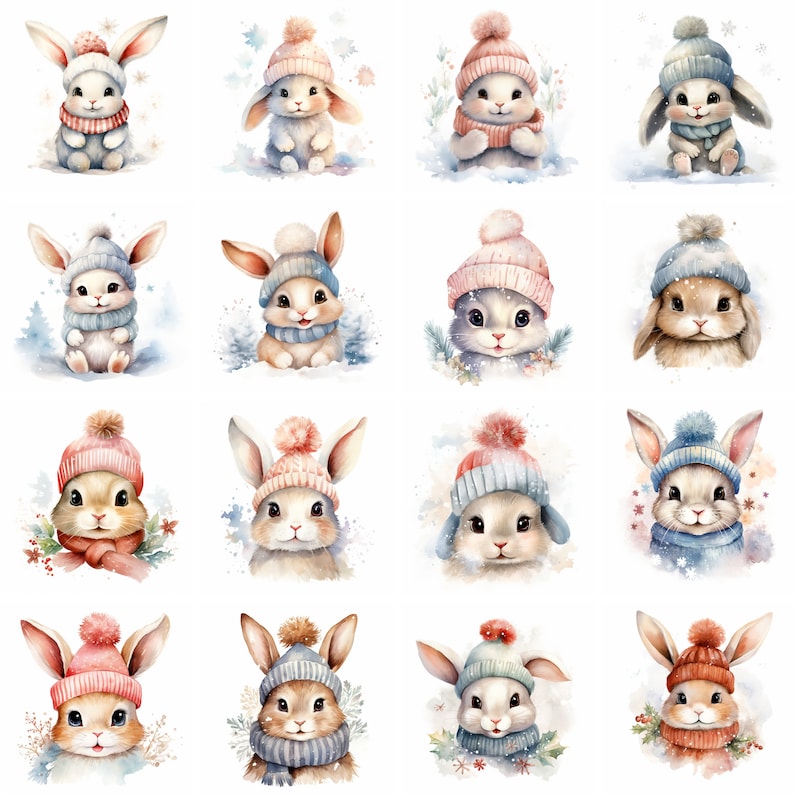 20 Rabbit Watercolor Christmas PNG Clipart Bundle, Cute Bunny, Winter ...
