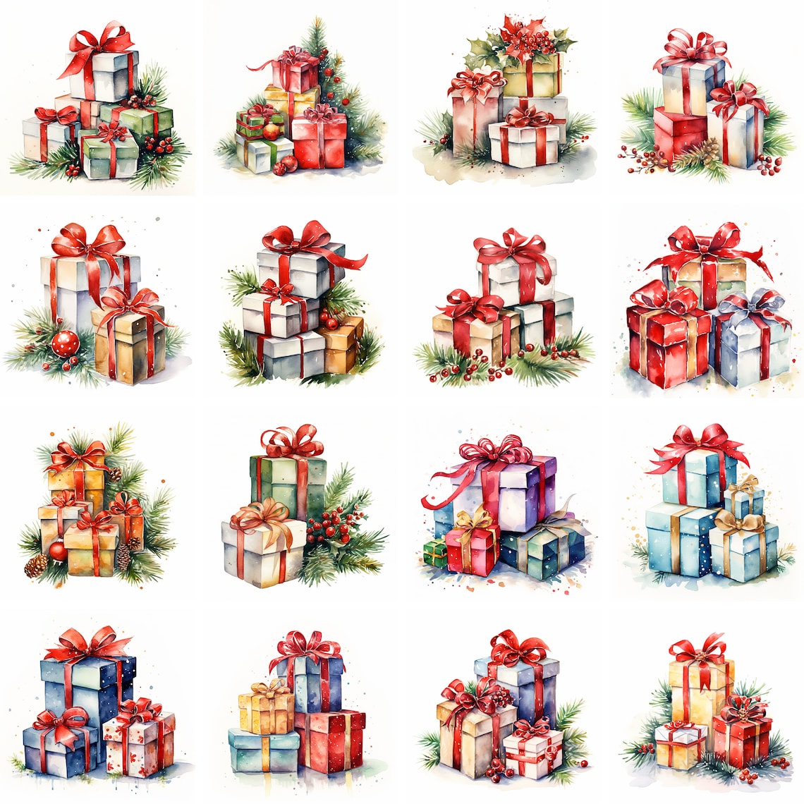 50 Watercolor Christmas Gifts Clipart PNG Images, Xmas, Gift Boxes Clip ...