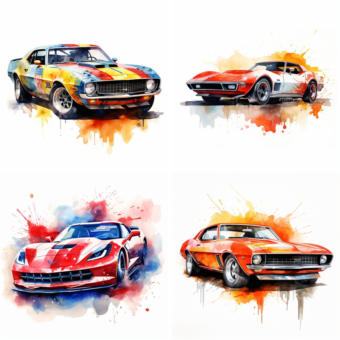 20 American Sports Cars Watercolor Clipart PNG Images, American Muscle ...