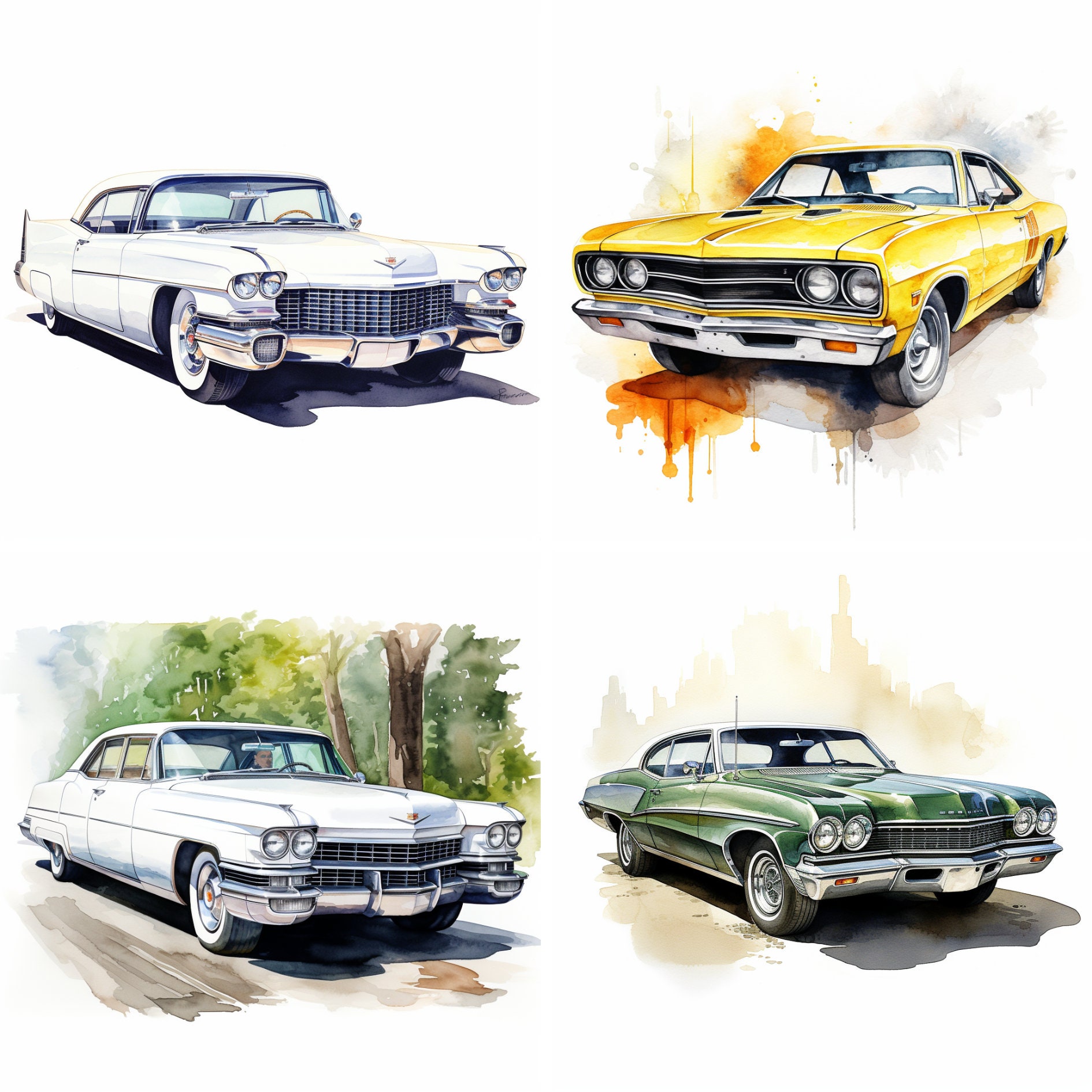 30 American Classic Cars of the 20th Century Watercolor Clipart PNG ...