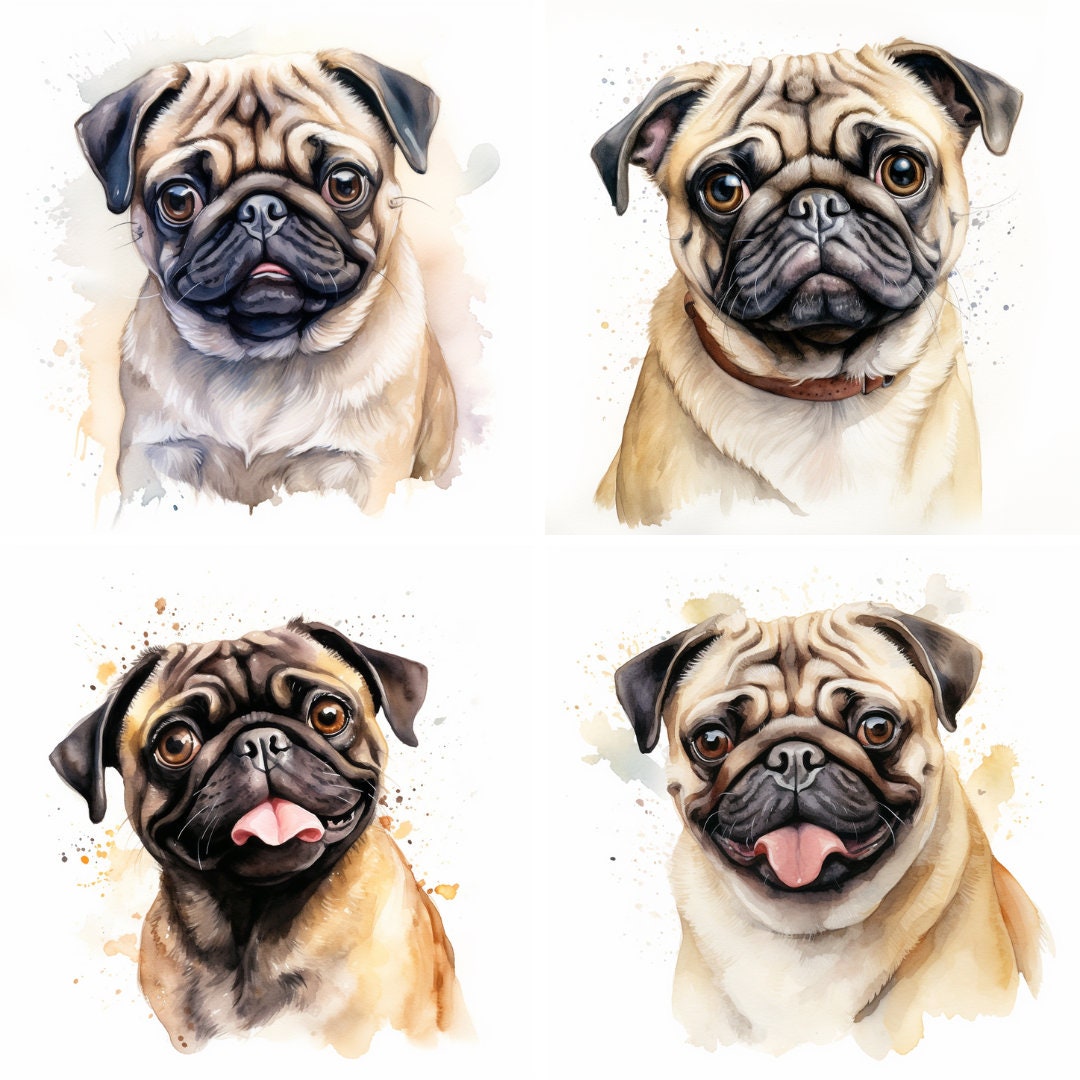 20 Pug Dog and Puppy Watercolor Clipart PNG Images, Pug Puppy, Pug ...