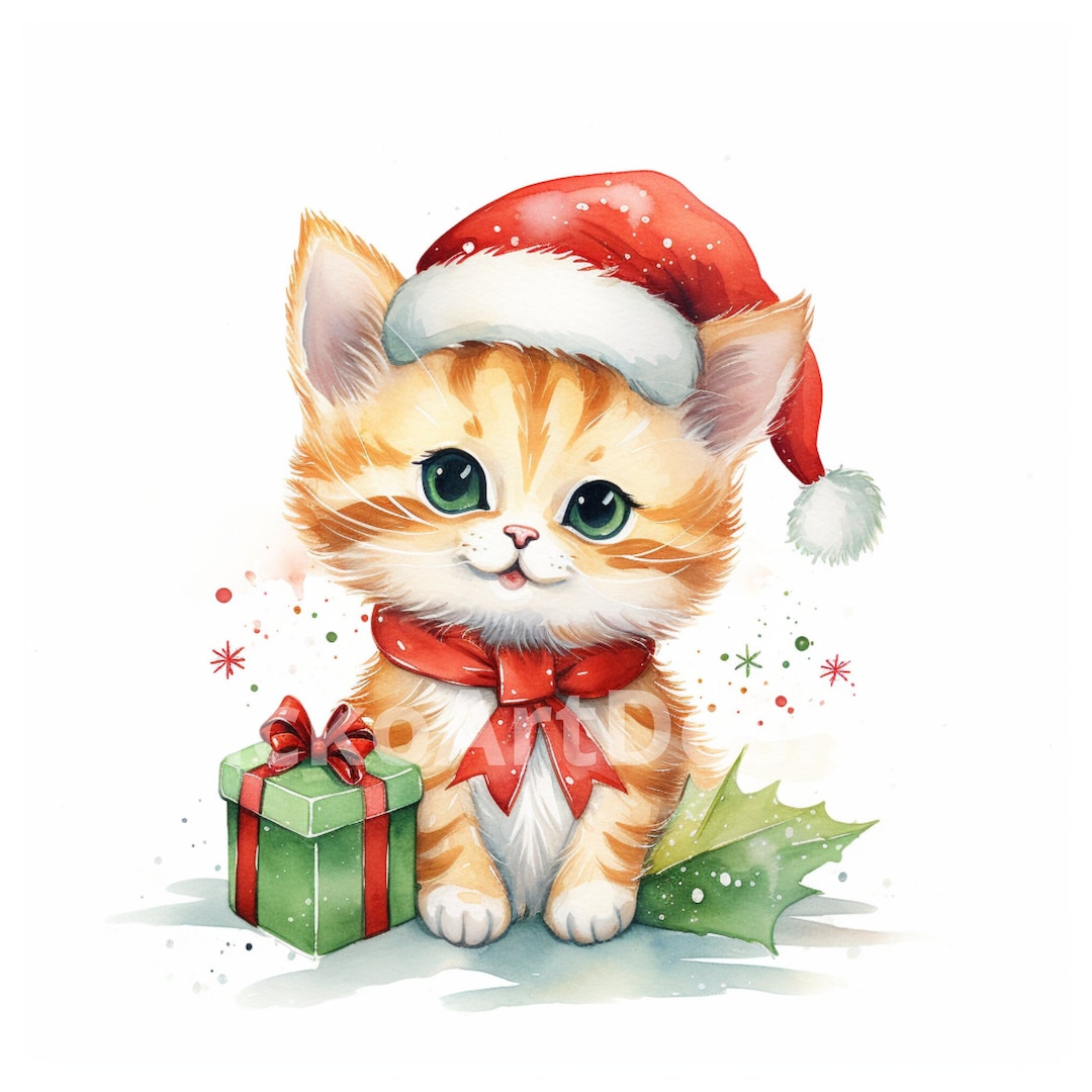20 Kitten Christmas Watercolor Clipart PNG Images, Cute Cat, Xmas Kitty ...