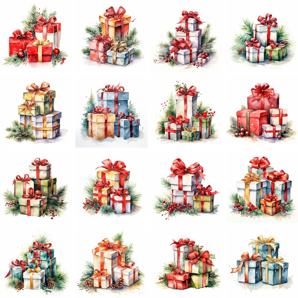 50 Watercolor Christmas Gifts Clipart PNG Images, Xmas, Gift Boxes Clip ...