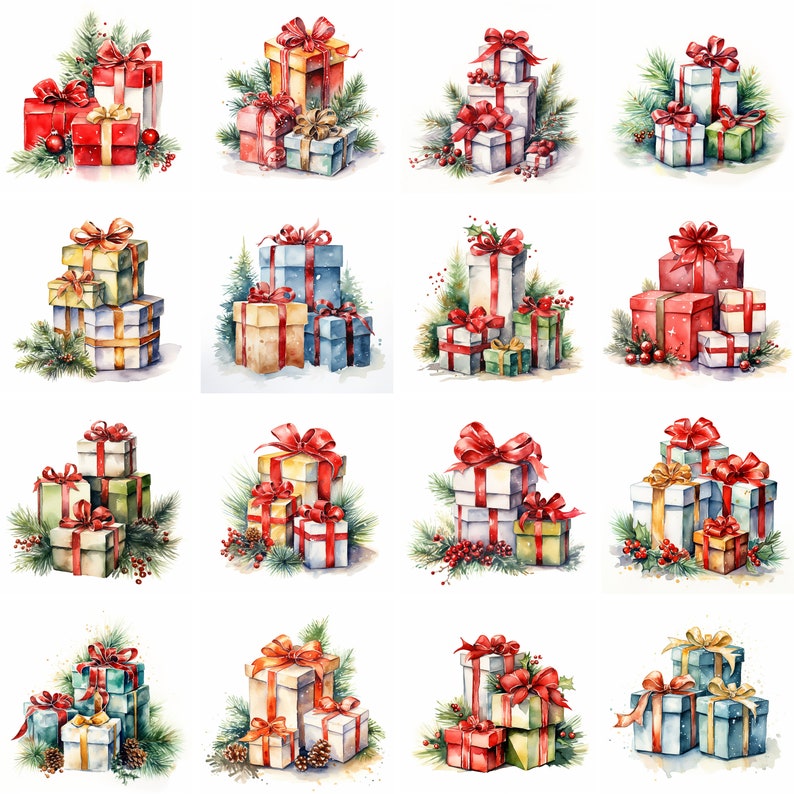 50 Watercolor Christmas Gifts Clipart PNG Images, Xmas, Gift Boxes Clip ...