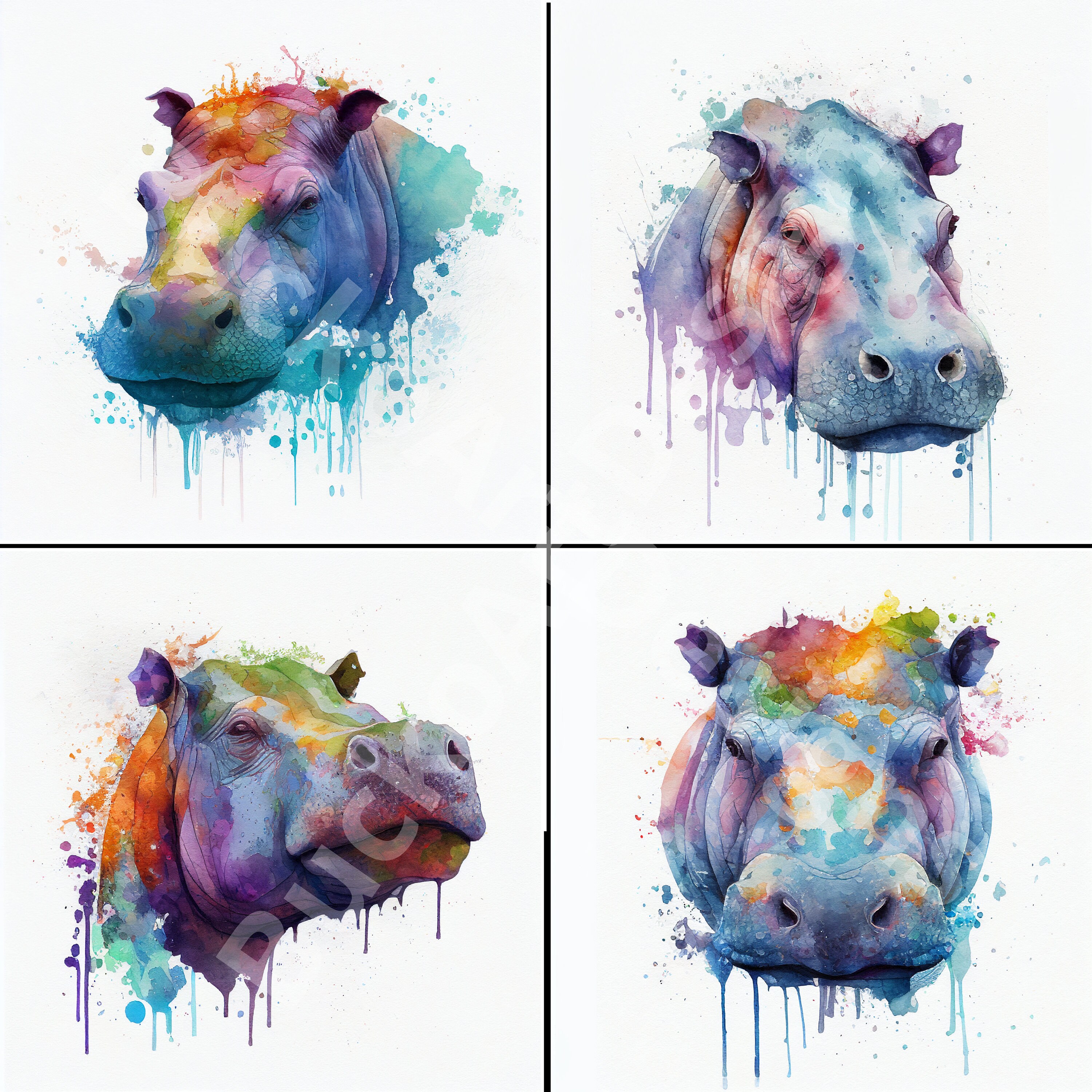 Hippos Watercolor Clipart - 15 High Quality PNG Images Digital Download ...