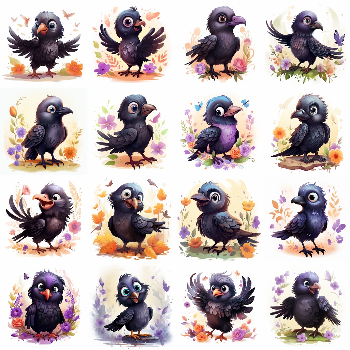 20 Baby Ravens Clipart Bundle, Cartoon Raven, Cute Raven, Scrapbook ...