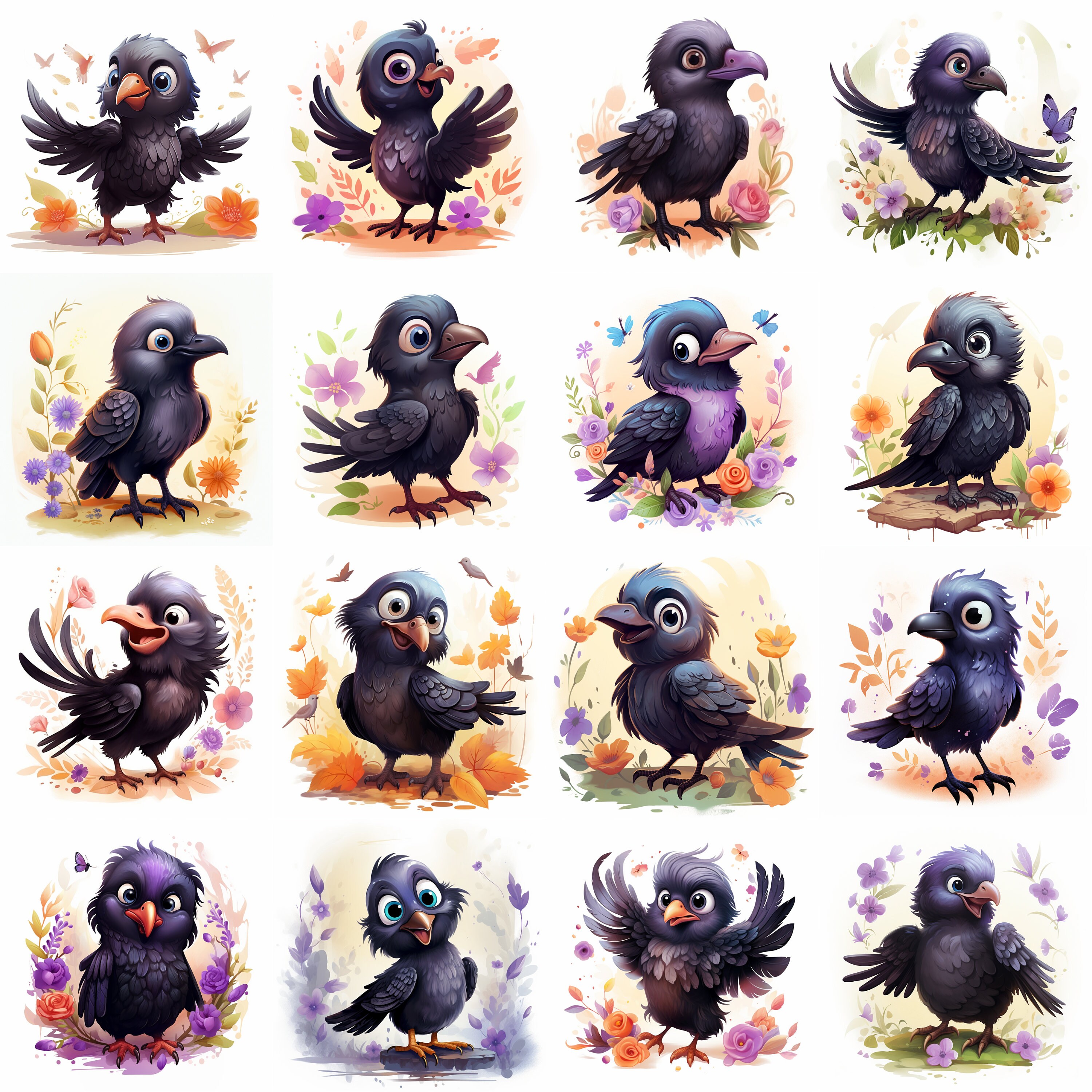 20 Baby Ravens Clipart Bundle, Cartoon Raven, Cute Raven, Scrapbook ...