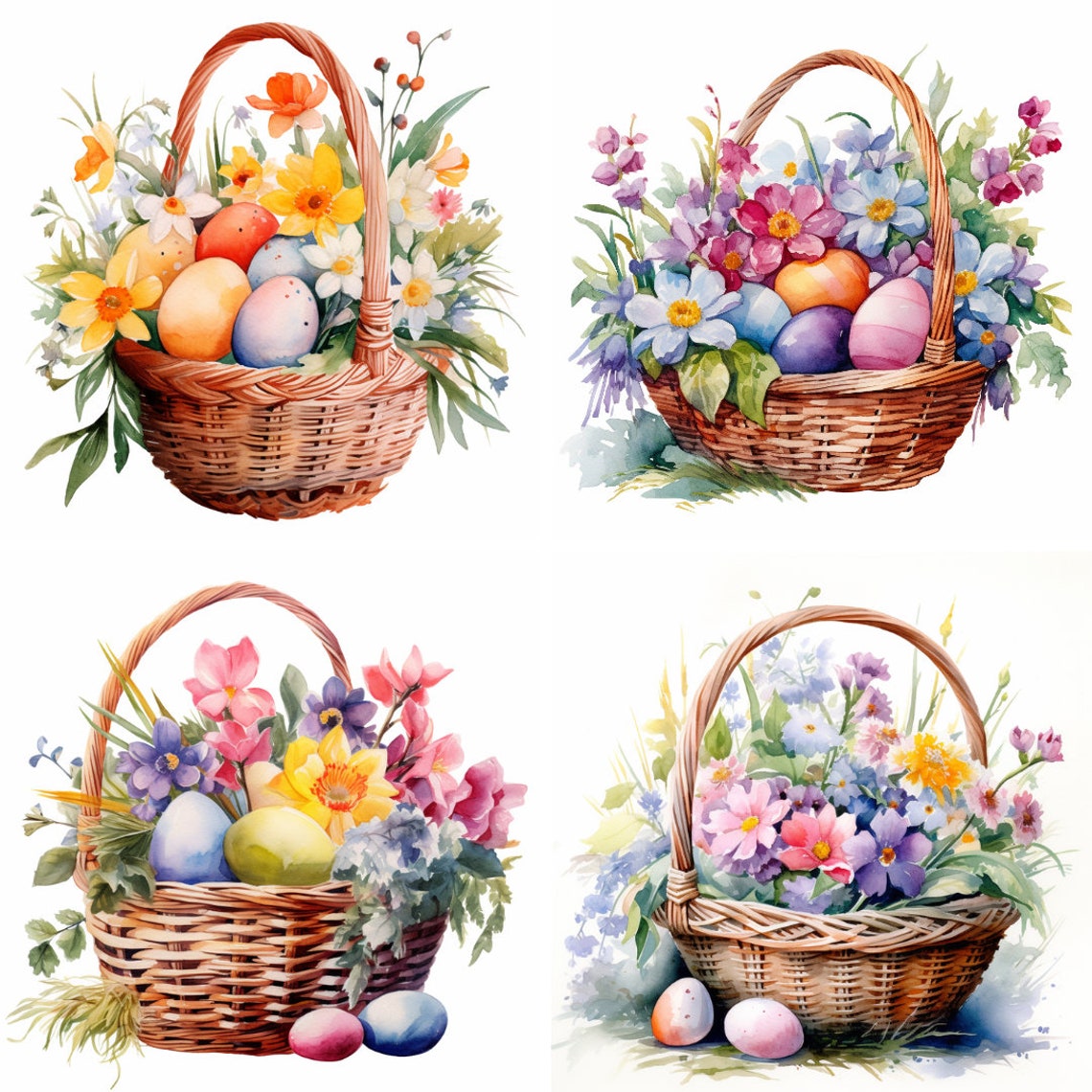 20 Easter Basket Watercolor Clipart PNG Images, Easter Eggs PNG, Spring ...