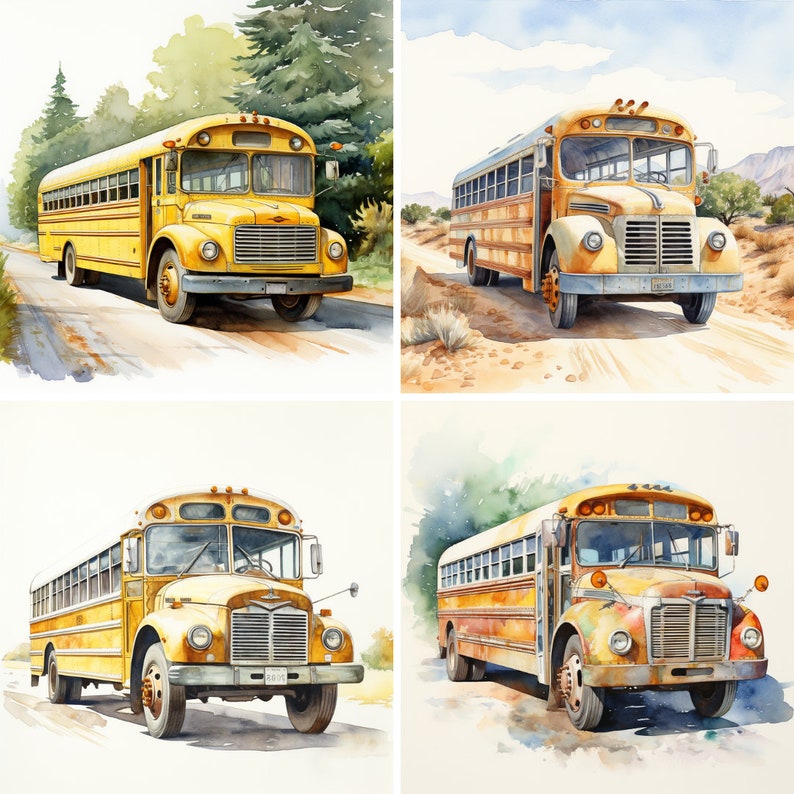 20 School Bus Watercolor Clipart PNG Images, Vintage School Bus, Retro ...