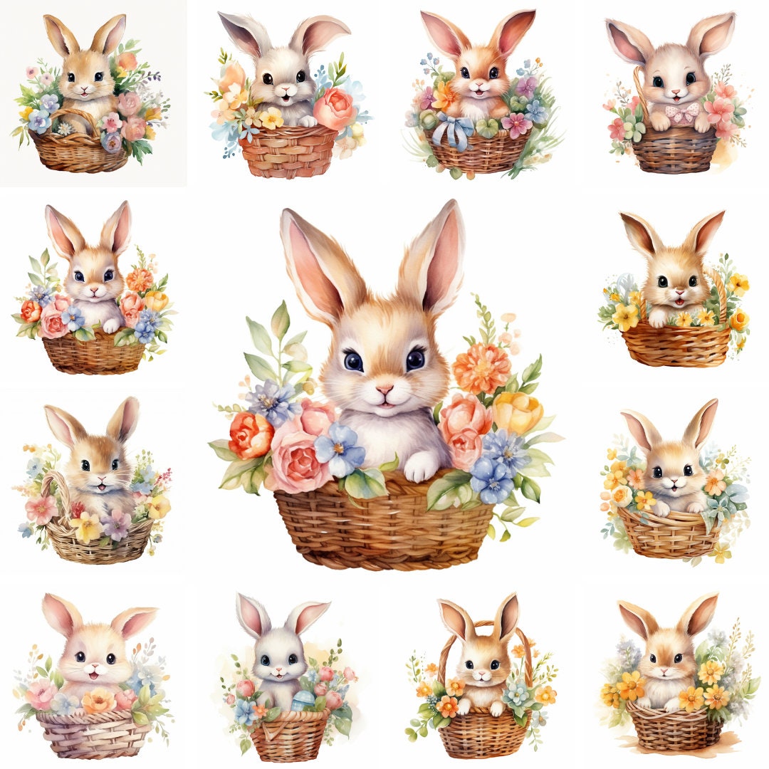 20 Baby Bunny Basket Watercolor Easter Clipart PNG Images, Easter Bunny ...