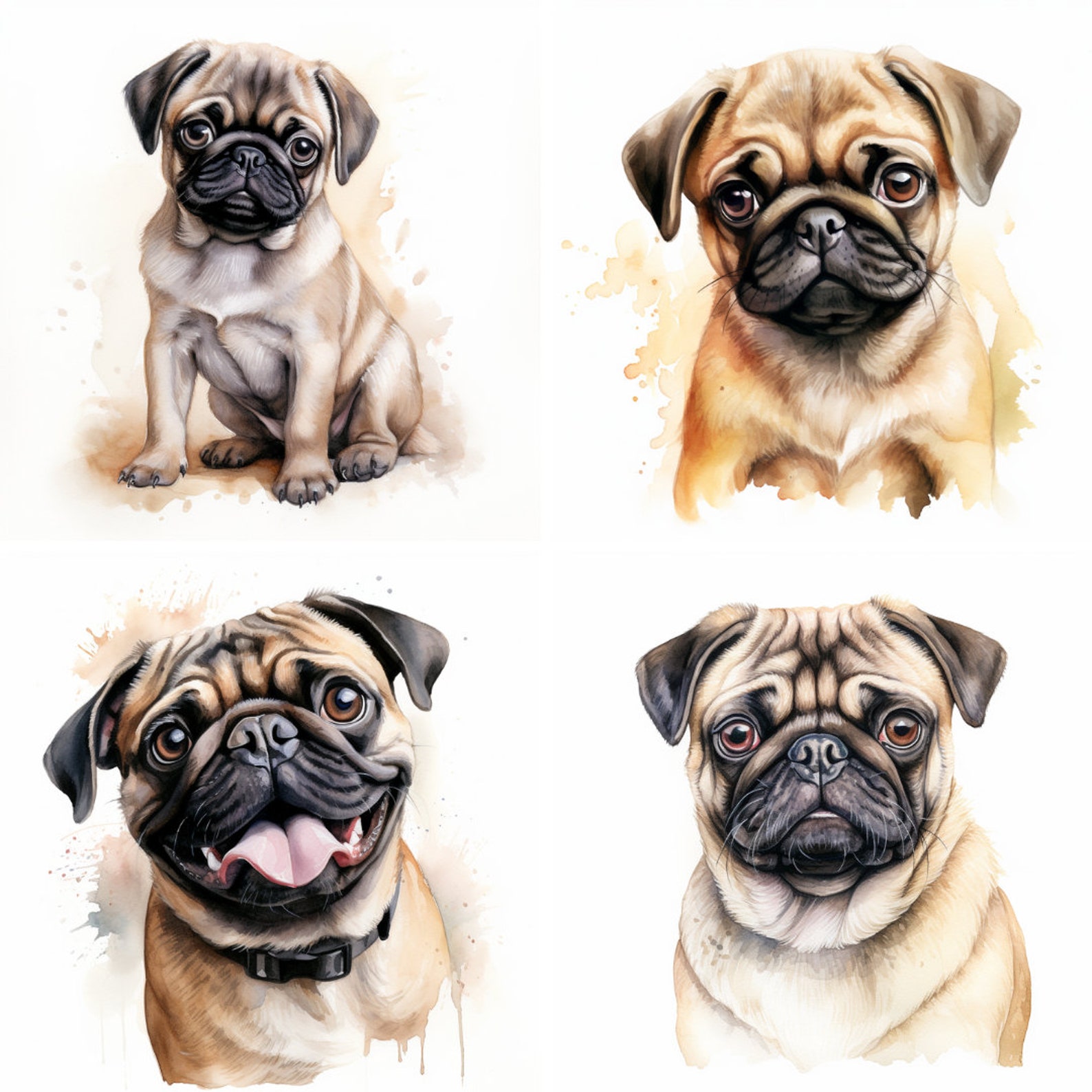 20 Pug Dog and Puppy Watercolor Clipart PNG Images, Pug Puppy, Pug ...