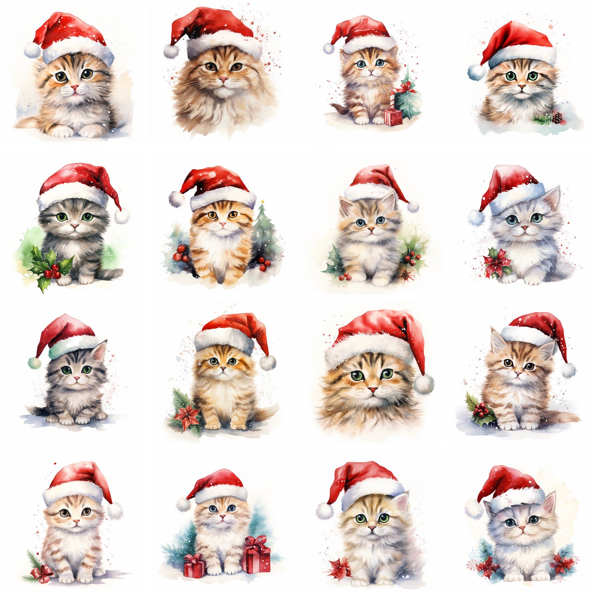 20 Kitten Christmas Watercolor Clipart PNG Images, Cute Cat, Xmas Kitty ...