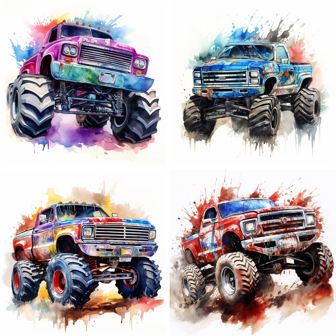 20 Monster Trucks Watercolor Clipart PNG Images, Monster Truck Shows ...
