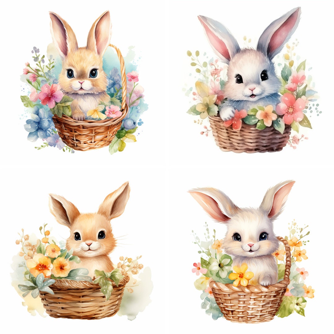 20 Baby Bunny Basket Watercolor Easter Clipart PNG Images, Easter Bunny ...