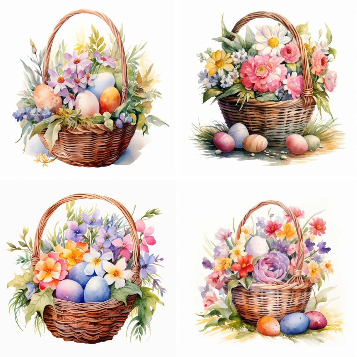 20 Easter Basket Watercolor Clipart PNG Images, Easter Eggs PNG, Spring ...